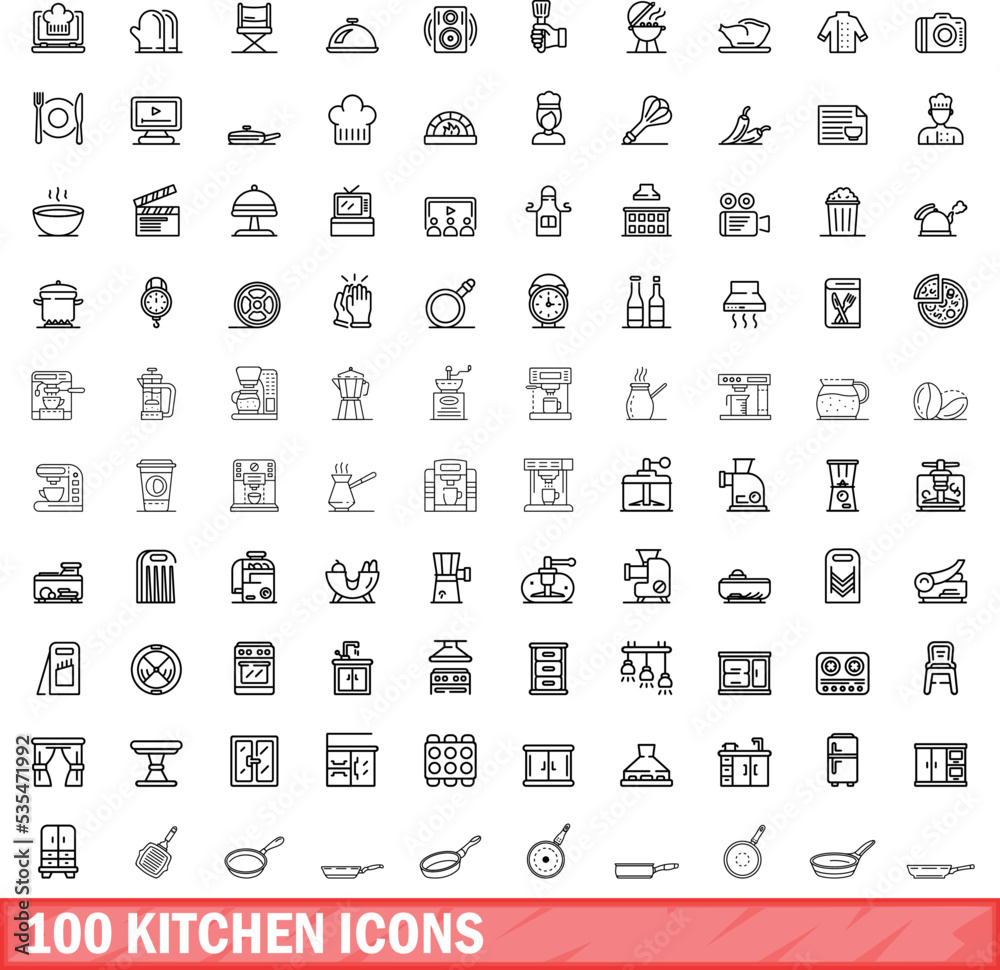 100 kitchen icons set. Outline illustration of 100 kitchen icons vector ...