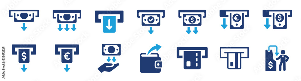 Set of money withdraw icons. Withdrawal cash symbol. Banking and ...