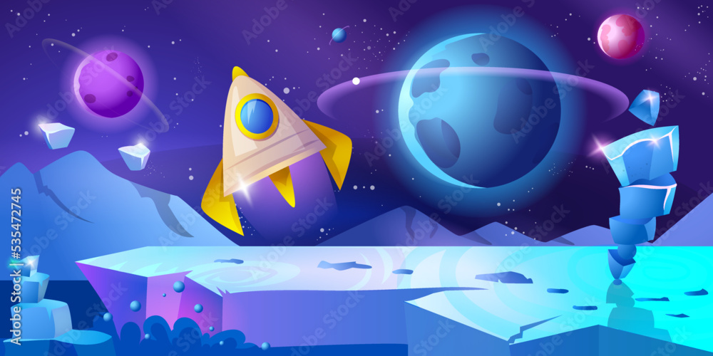 Alien planet landscape for space game background. Dark sky with blue ...
