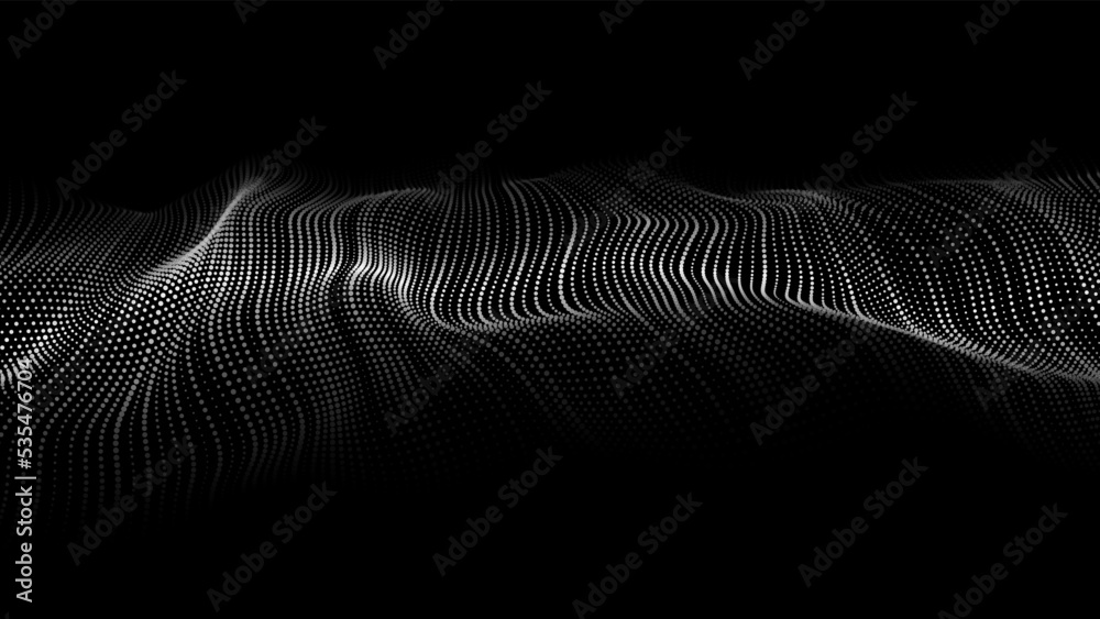 Digital halftone wave with dots on the dark background. The futuristic ...