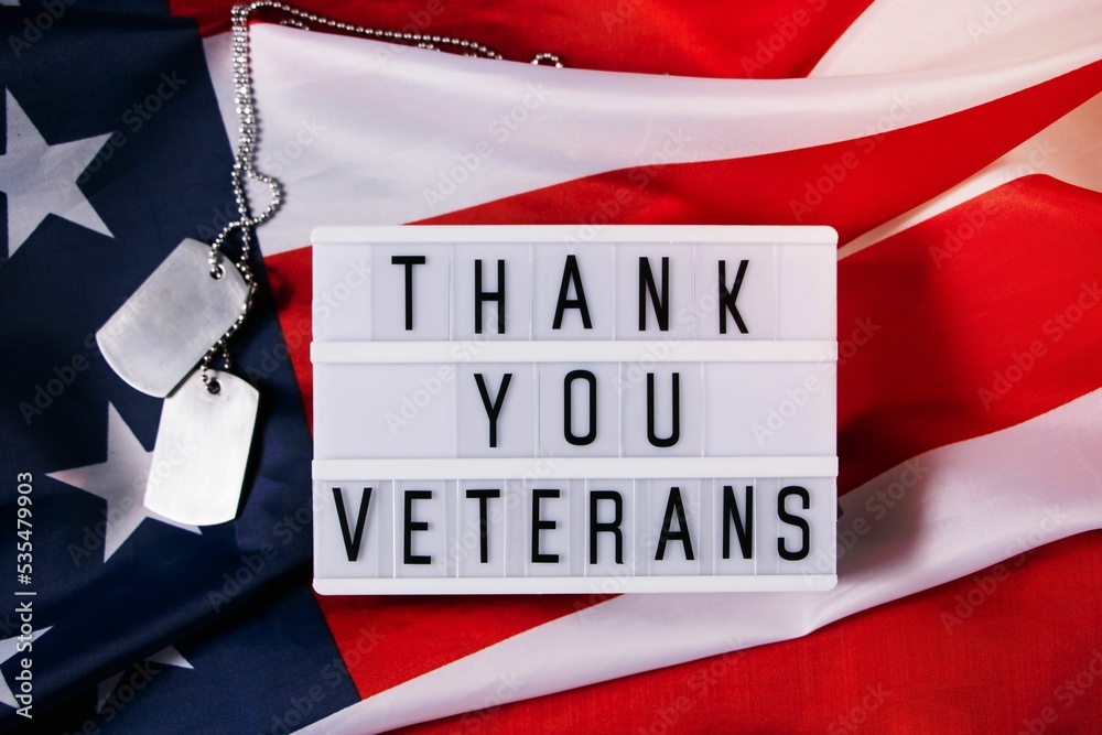 American flag background with dog tags and a Thank You Veterans sign ...