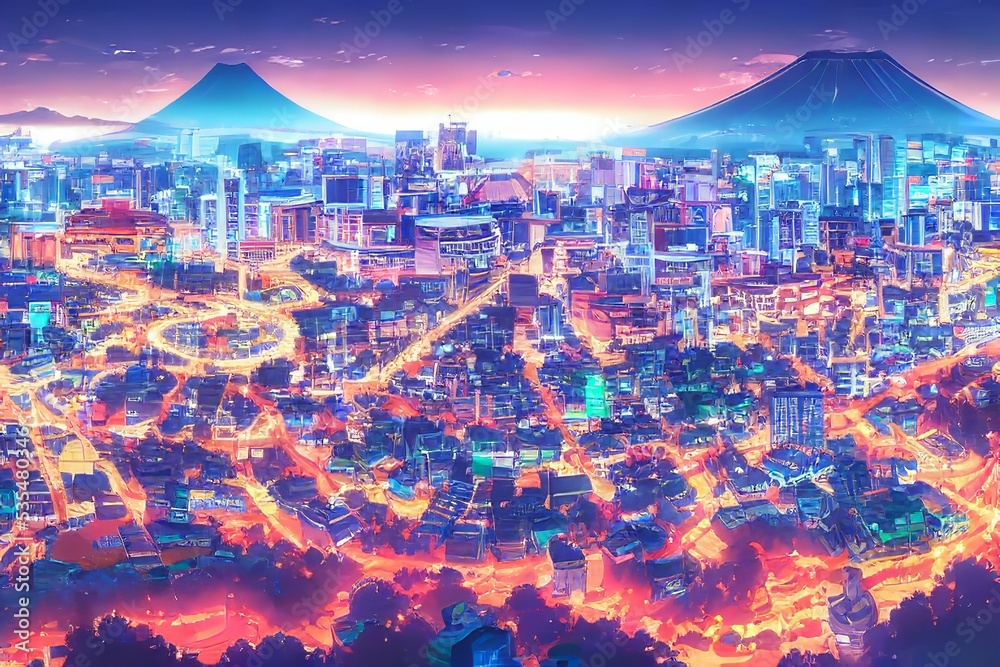 Anime japanese city landscape. Town street urban building volcano ...