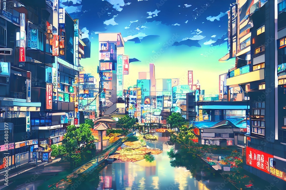 Anime japanese city landscape. Town street urban building. Downtown ...