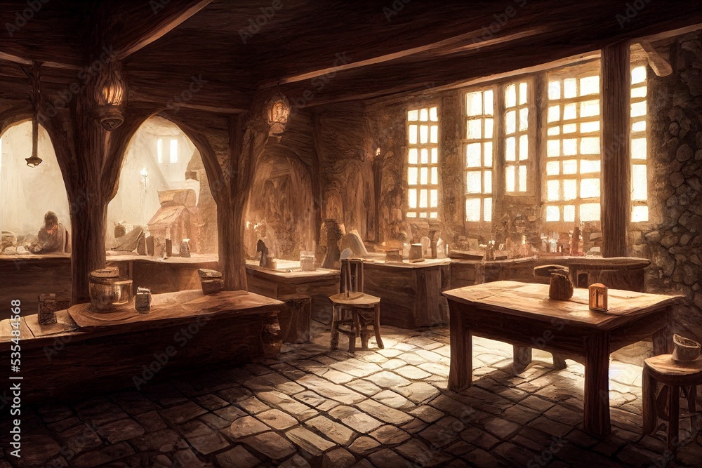 Hyper-realistic illustration of a dark moody medieval tavern inn ...