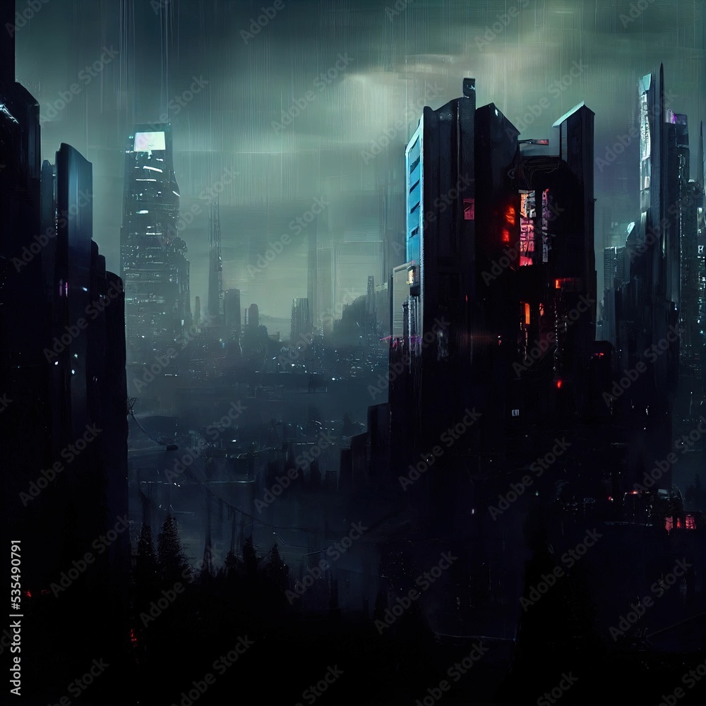 Hyper-realistic illustration of a futuristic city with dark clouds at ...