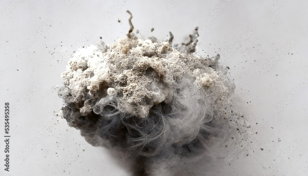 Dust spray, white smoke, powder explosion with particles. Stock ...