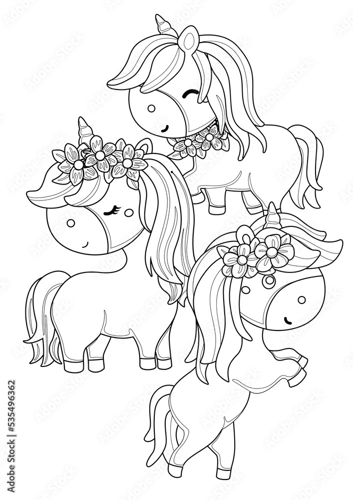 Cute Unicorn Horse Animal Coloring Pages A4 for Kids and Adult Stock ...
