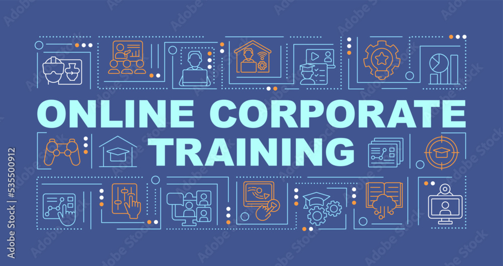 Corporate e training program word concepts dark blue banner. Distance ...