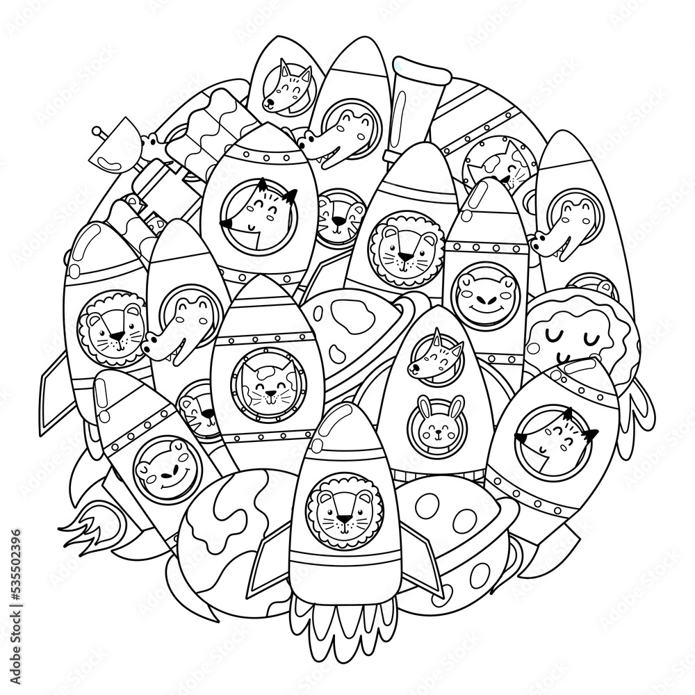 Space rockets with cute animals circle shape pattern for coloring book ...