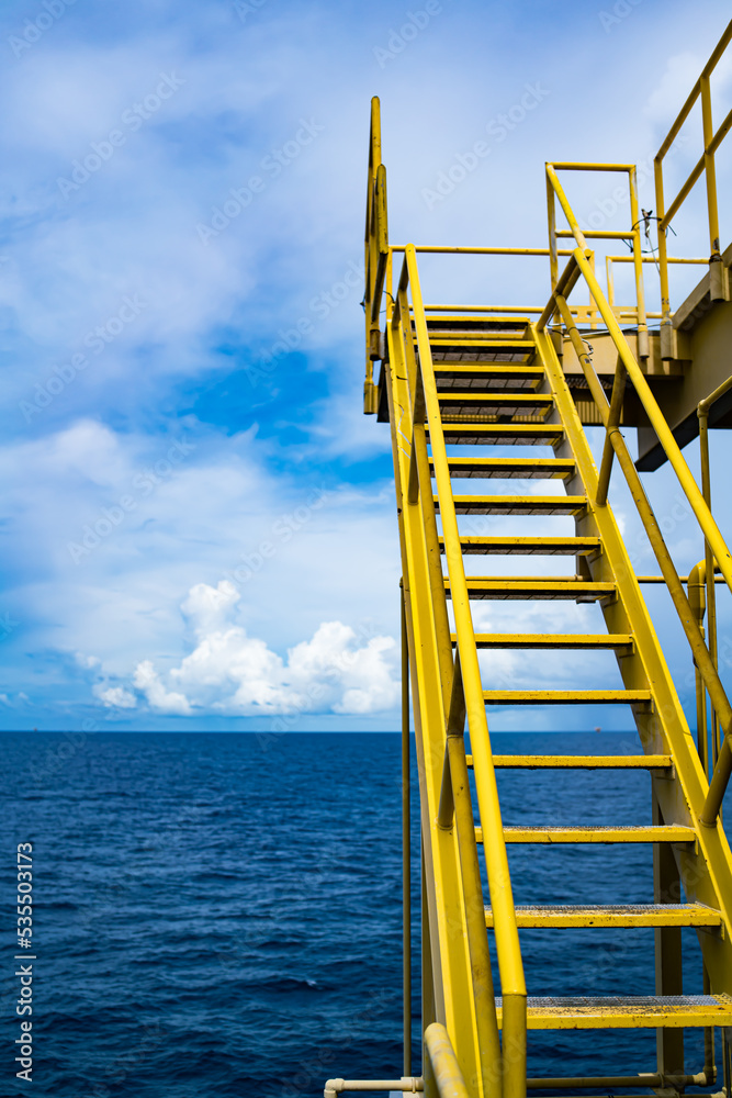 Construction stair walking up and down, Offshore oil and gas platform ...
