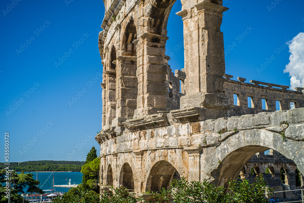 Roman amphitheater in the city of Pula, Croatia. Close-ups on the ...
