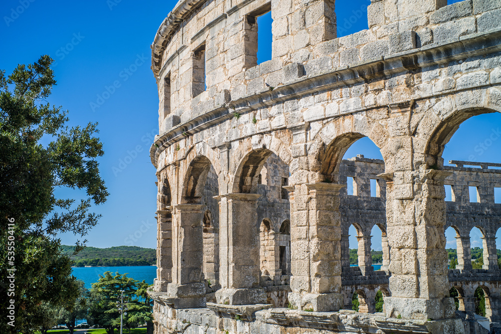 Roman amphitheater in the city of Pula, Croatia. Close-ups on the ...