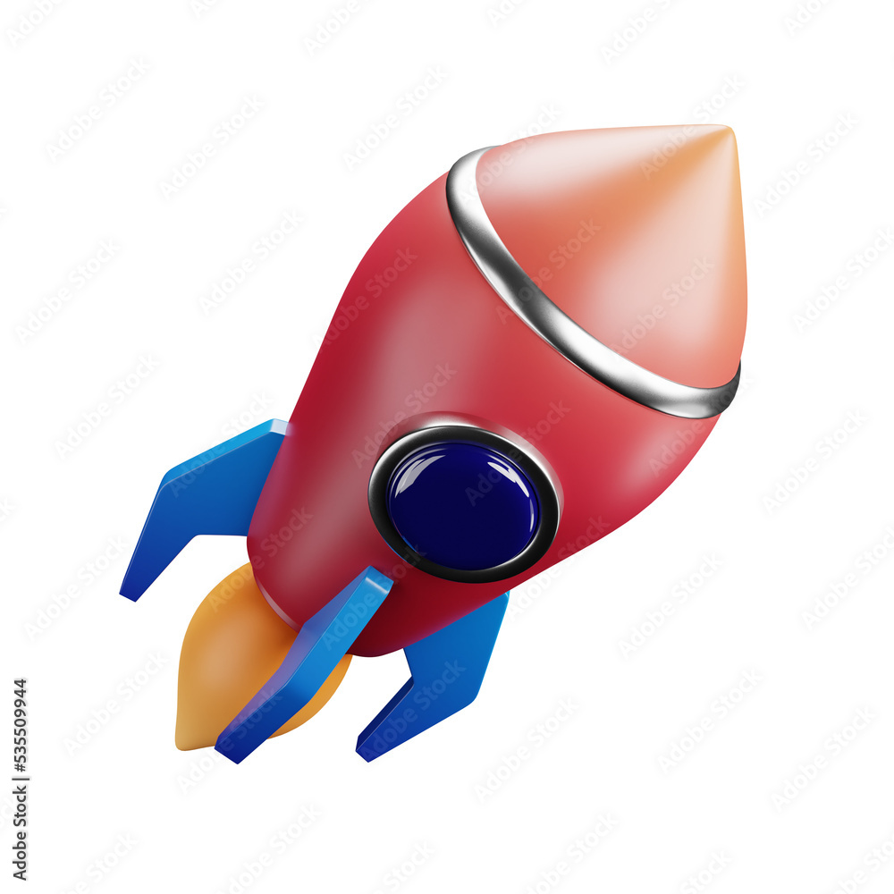 3D cartoon user interface illustration of a cartoon rocket with flame ...
