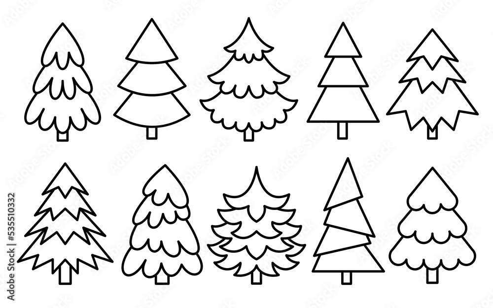Christmas tree black outline set. Coloring book page evergreen ...
