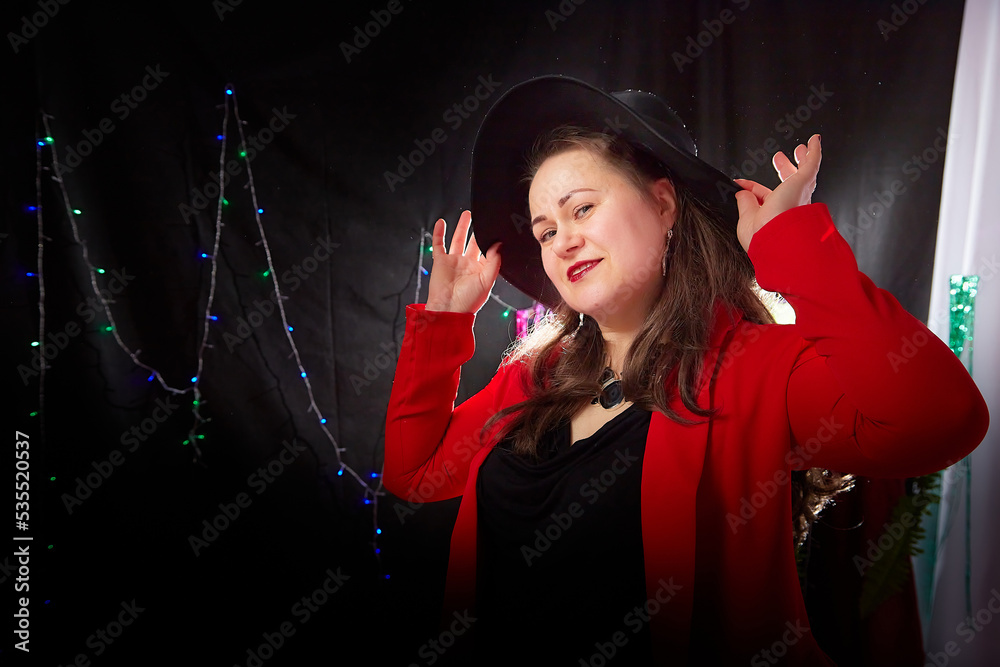 Attractive fat plumb chubby adult overweight woman in black and red ...