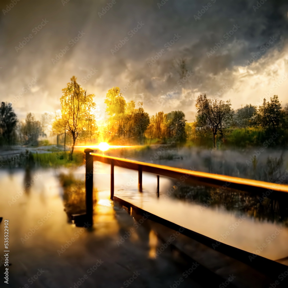 beautiful sunset in forest sun light reflection on lake water ,wooden ...