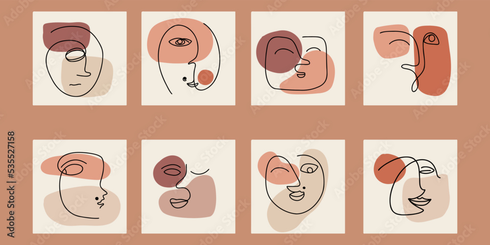 One line art faces, colorful. Set of portraits. Simple, minimalist ...