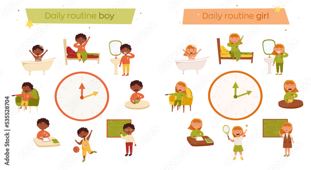 A happy girl and cute african black boy daily routine vector set ...