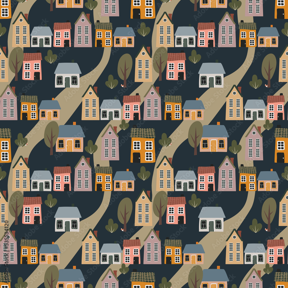 Seamless cartoon houses pattern , Cute cottage houses print, background ...