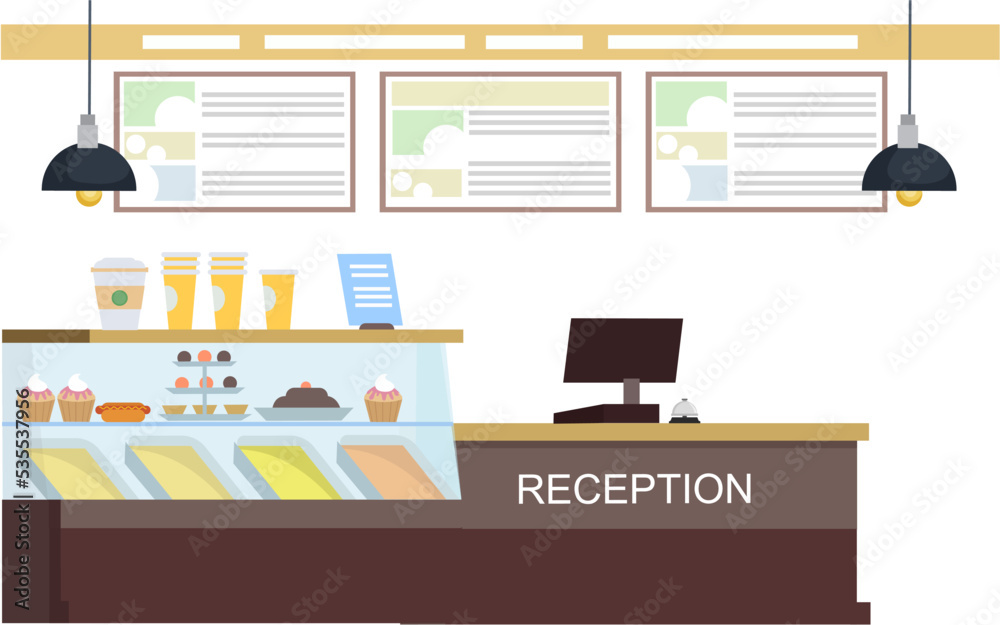 Cafe coffee shop interior with counter. Empty cafeteria with cashier ...