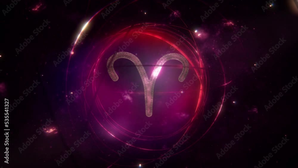 Aries zodiac sign as golden ornament and rings on purple violet galaxy ...