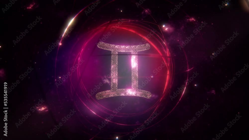 Gemini zodiac sign as golden ornament and rings on purple violet galaxy ...