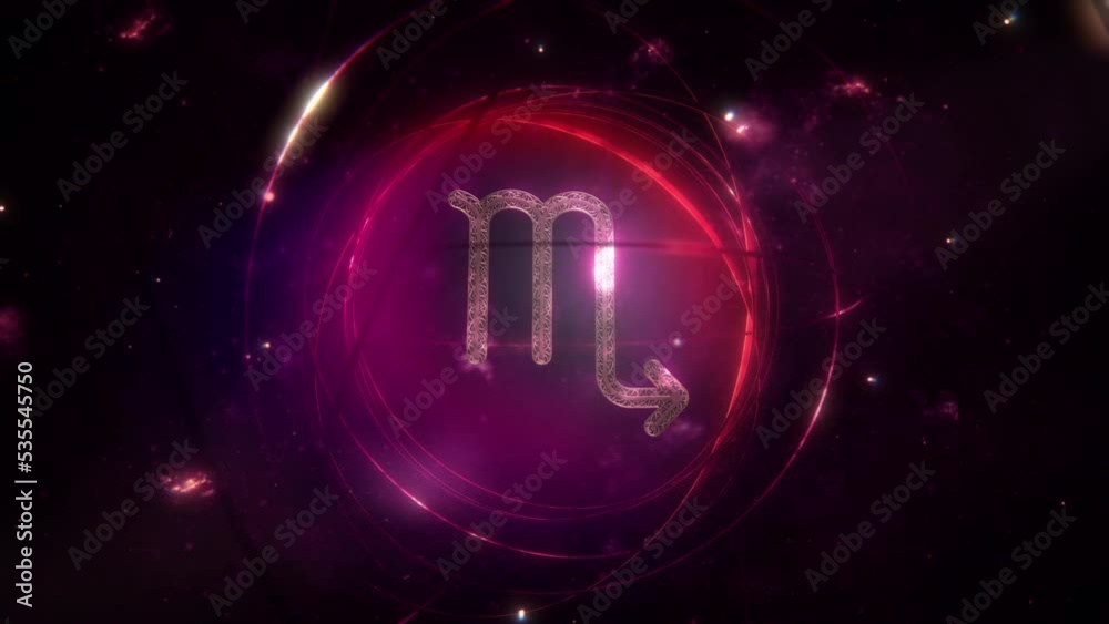 Scorpio zodiac sign as golden ornament and rings on purple violet ...