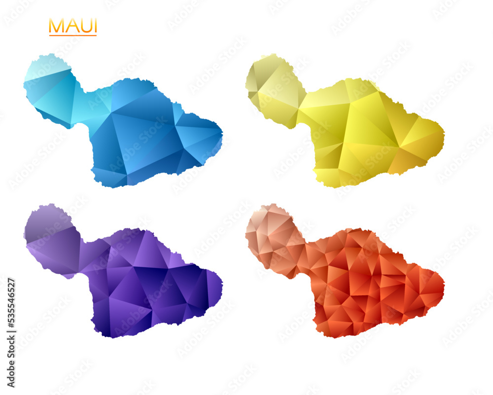 Set of vector polygonal maps of Maui. Bright gradient map of island in ...