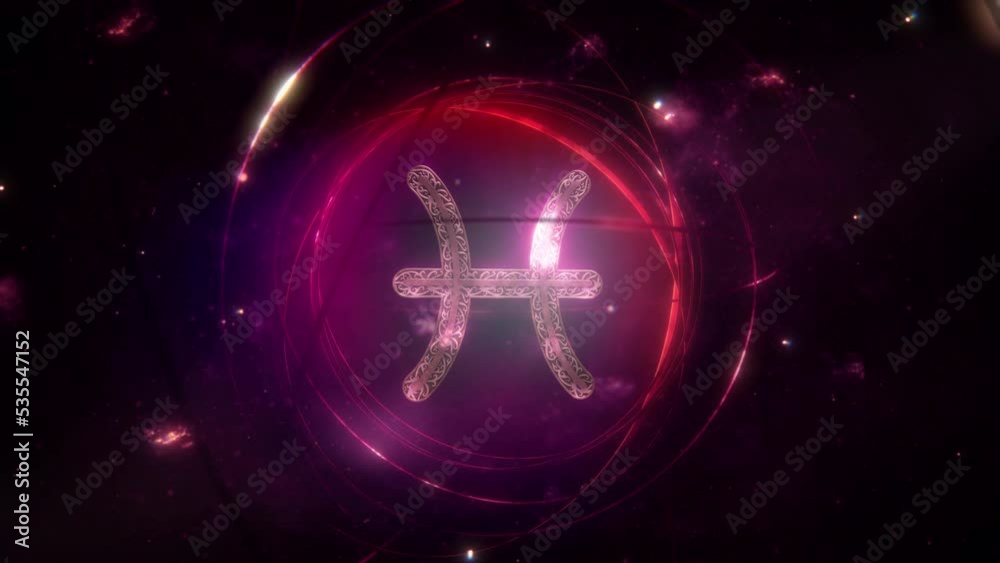 Pisces zodiac sign as golden ornament and rings on purple violet galaxy ...