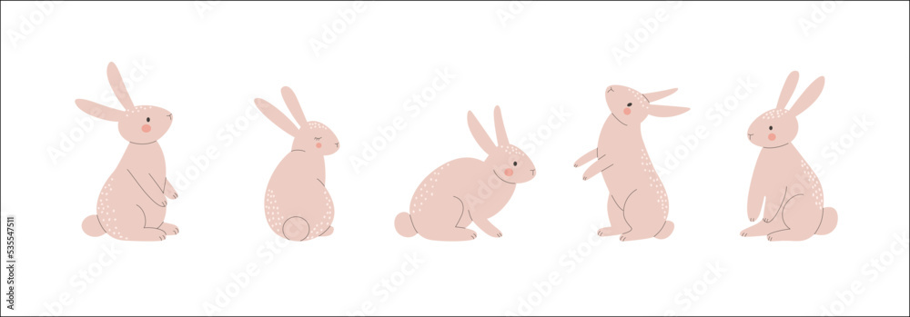 Collection of cute rabbits in different poses. Flat style cartoon ...