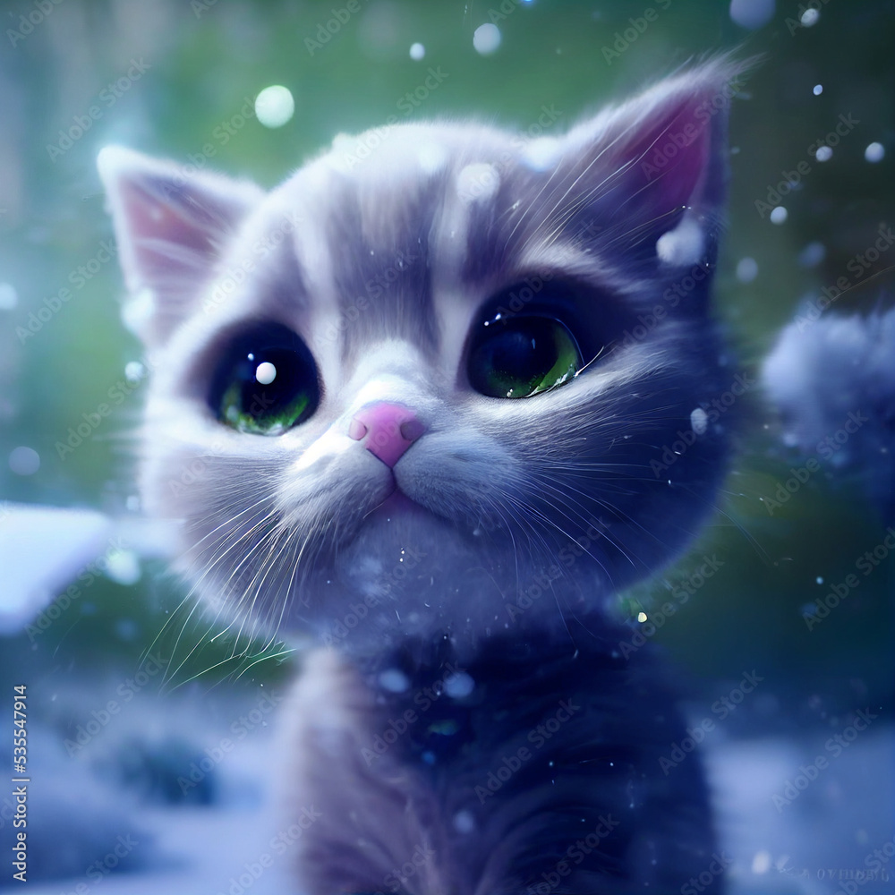Art drawing of cute baby cat in snow, pic as wallpaper. poster, t shirt ...