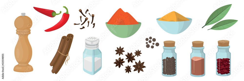 Set of fragrant spices in cartoon style. Vector illustration of various ...