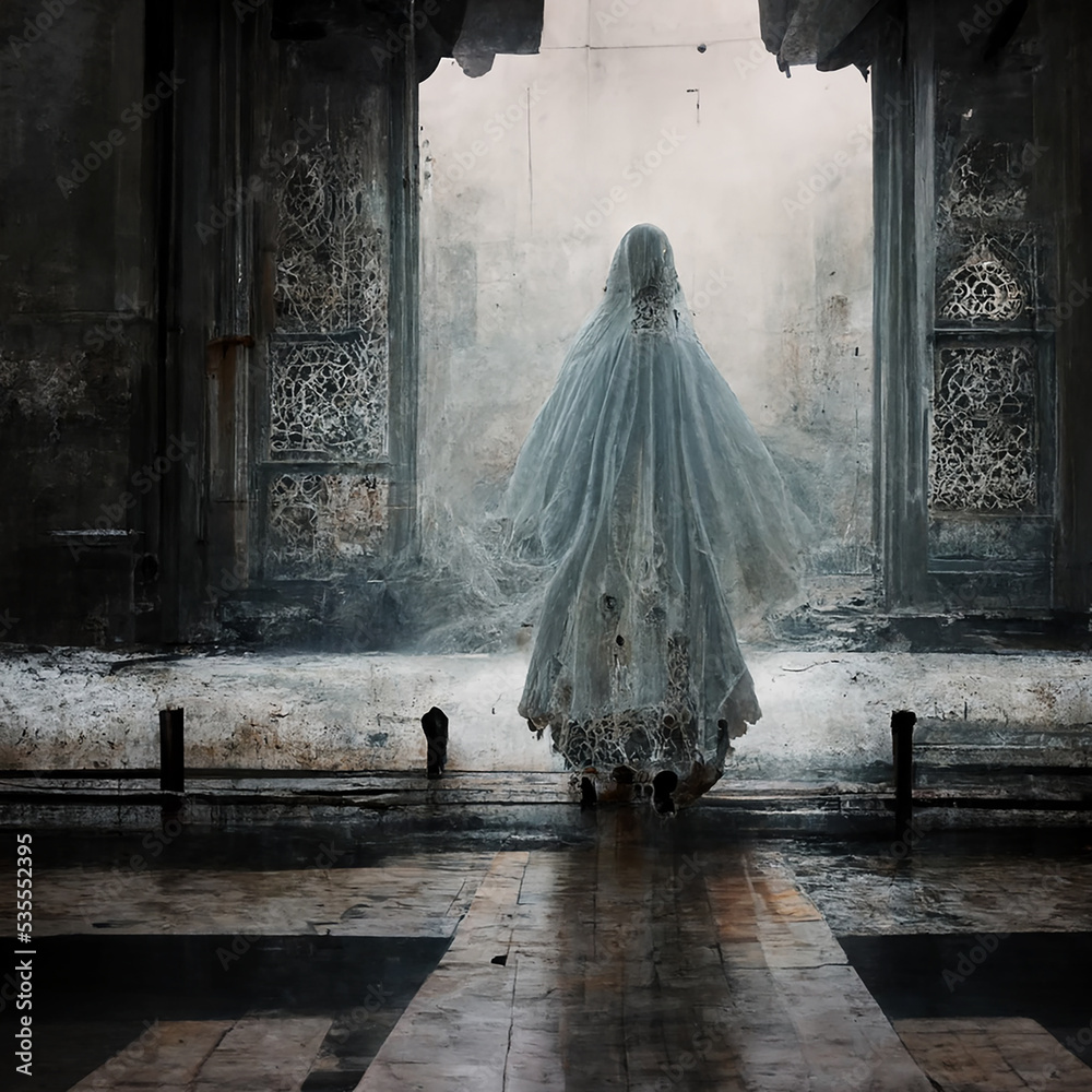 ghost of a woman in white dress in abandoned building horror Halloween ...