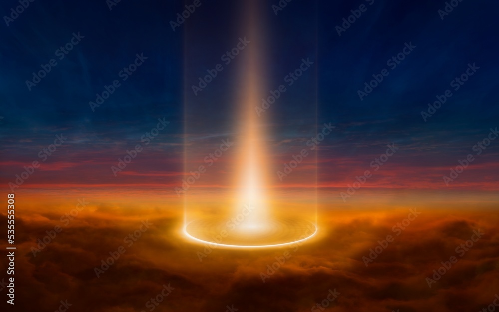 Bright glowing beam of light shines from dark red clouds into night ...