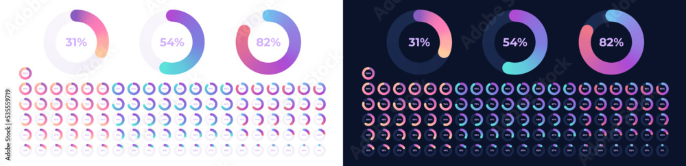 Loading indicator. Progress bar. Neon color, black background. Percentage meter. UI, User ...