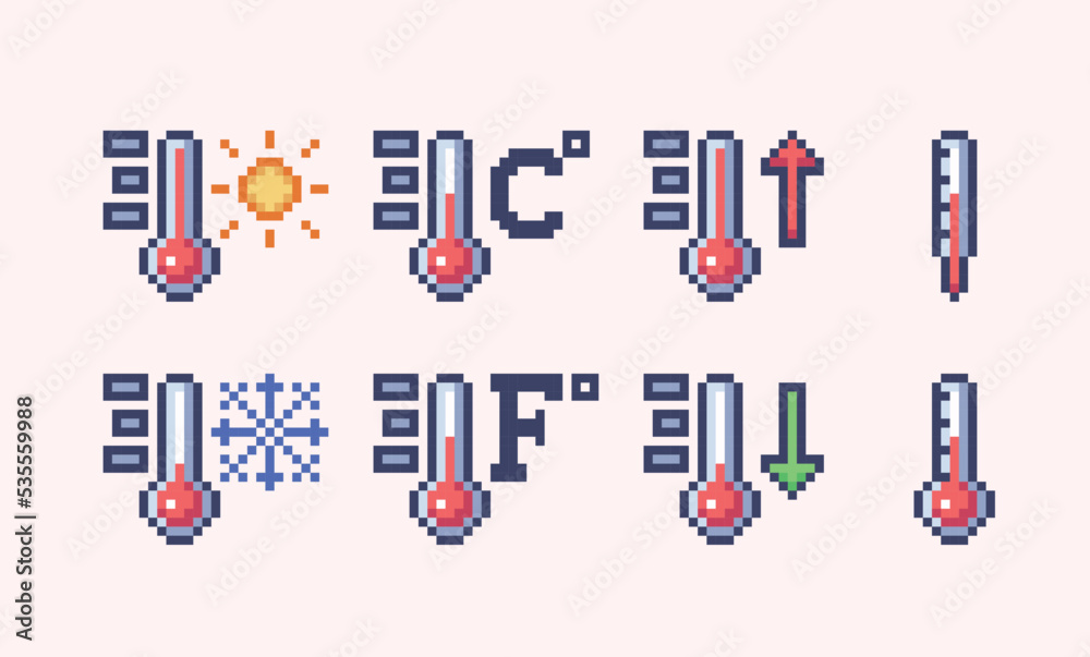 Weather temperature symbols pixel art set. Thermostat, cold and hot ...