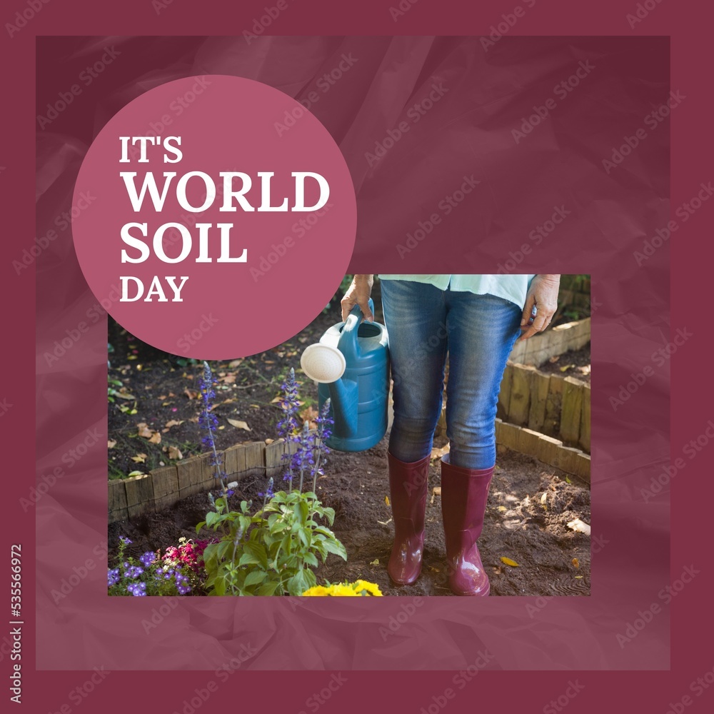 Composition of it's world soil day text over person with watering can ...