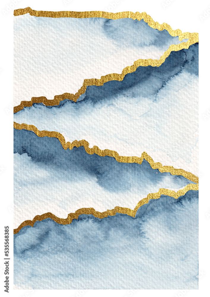 Watercolor indigo background with golden paint. Blue abstract waves and ...