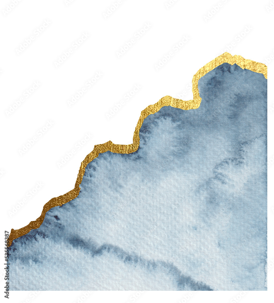 Watercolor indigo background with golden paint. Blue abstract waves and ...