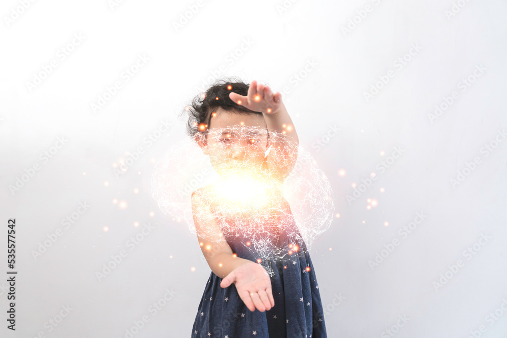 Smart Asian child girl holding brain on her hand isolated on white ...