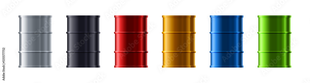 Set metal realistic barrels of different colors side view vector ...