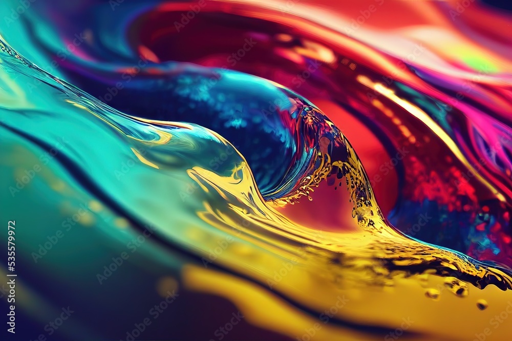 The wave of water shimmers in different colors and shades. 3D rendering ...
