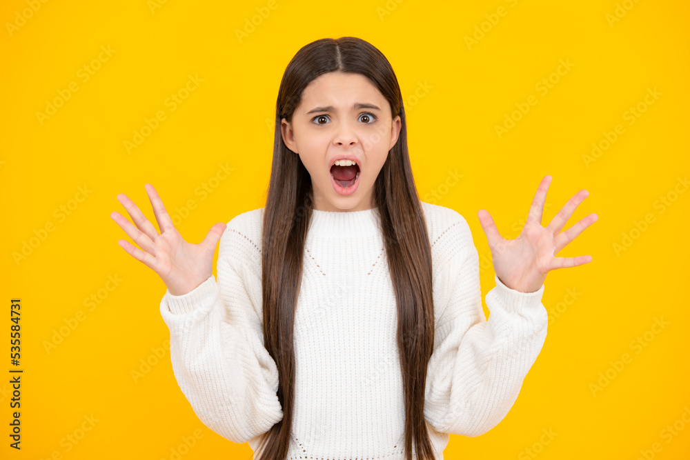 Scream and shout child. Angry teenage girl, upset and unhappy negative emotion. Hate and rage of ...