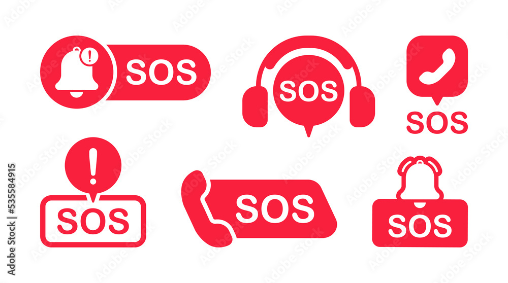 SOS icon set. Emergency signs collection. SOS bell red icon. Emergency ...