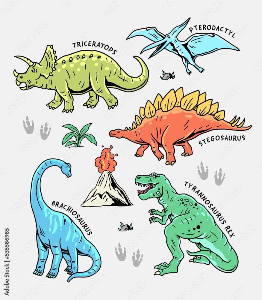 Hand-drawn vector dinosaur illustrations. Tyrannosaurus Rex ...