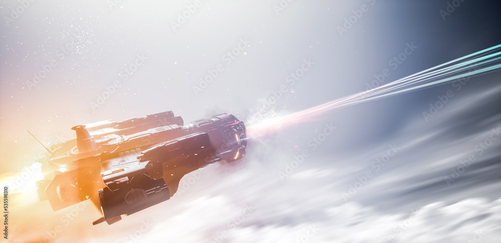 Futuristic Sci-Fi Spaceship fighter with big laser weapon flying in ...