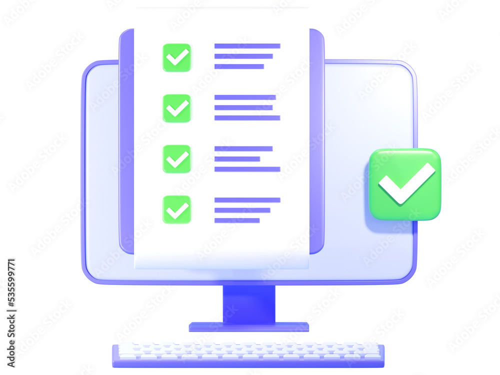 Checklist on desktop PC, 3d render illustration, transparent background ...