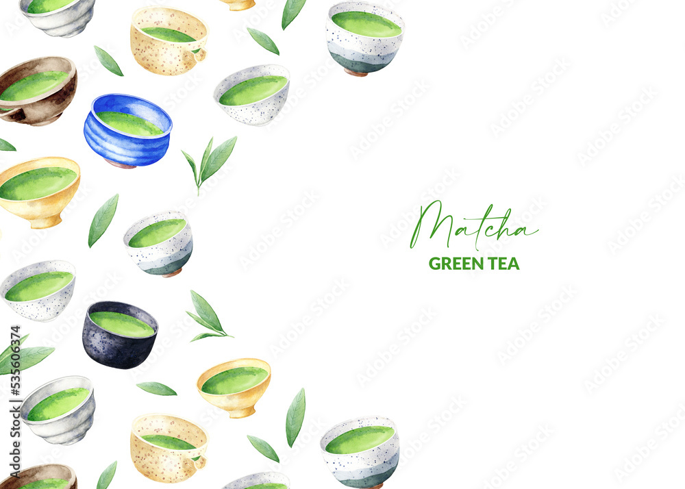 Card design with matcha bowls. Hand drawn elements of japanese green ...