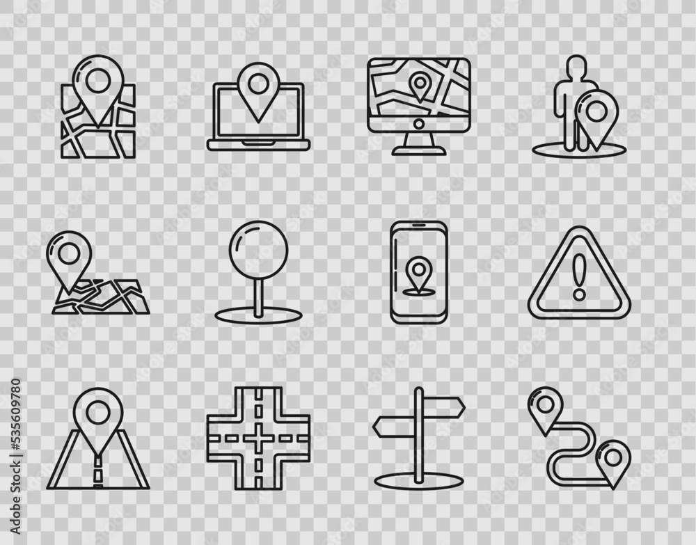 Set line Road traffic sign, Route location, Monitor and folded map with ...
