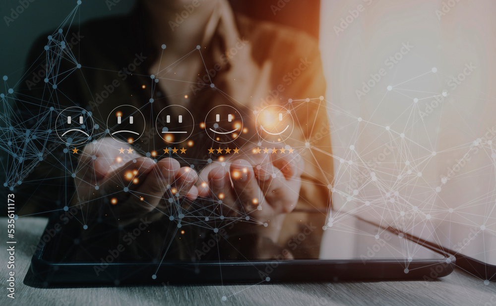 Businessman pressing icon emoticon face smiley on virtual touch screen ...